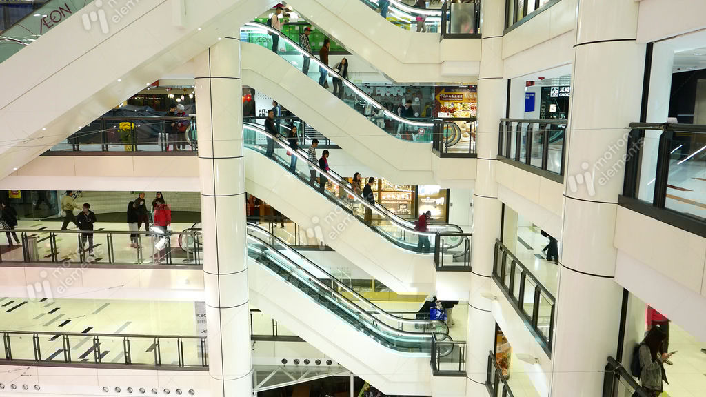 Mall Escalators Side View, Large Atrium Space, White Design, Balcony ...