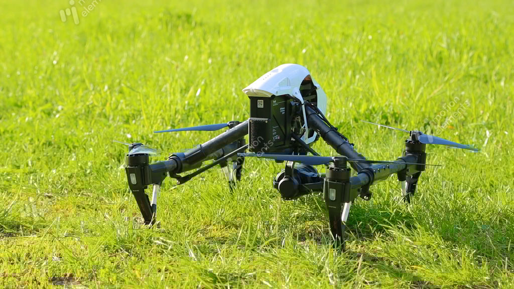 Drone Takes Off With Green Grass Up, Composed Chassis And Flies Up Out ...