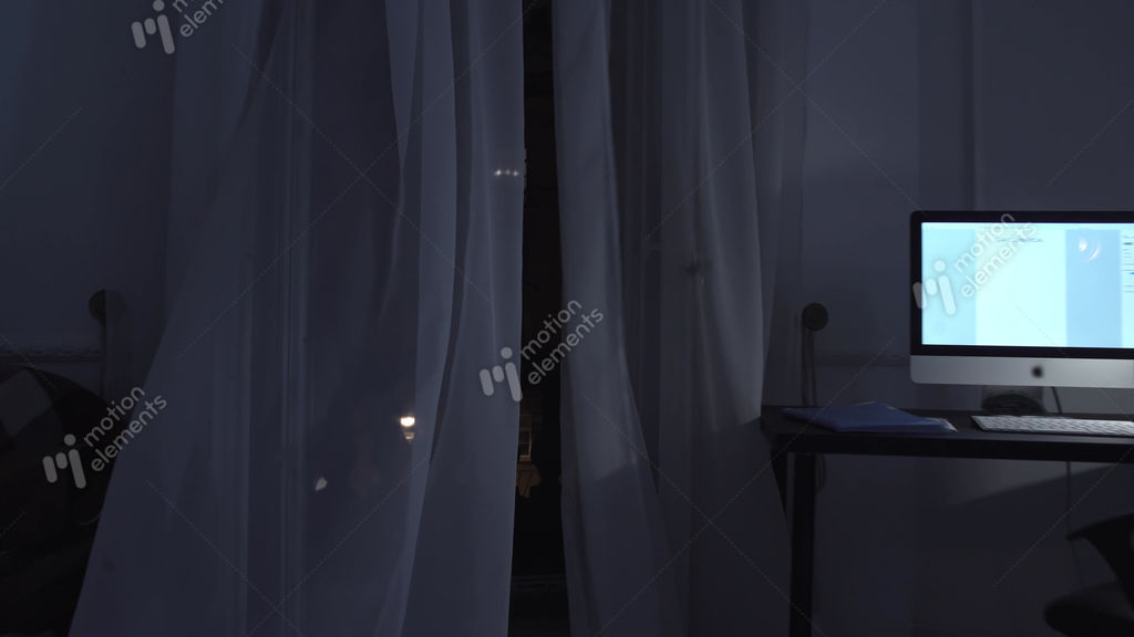 Camera Entering Empty Room With Working Computer From Balcony At Night ...