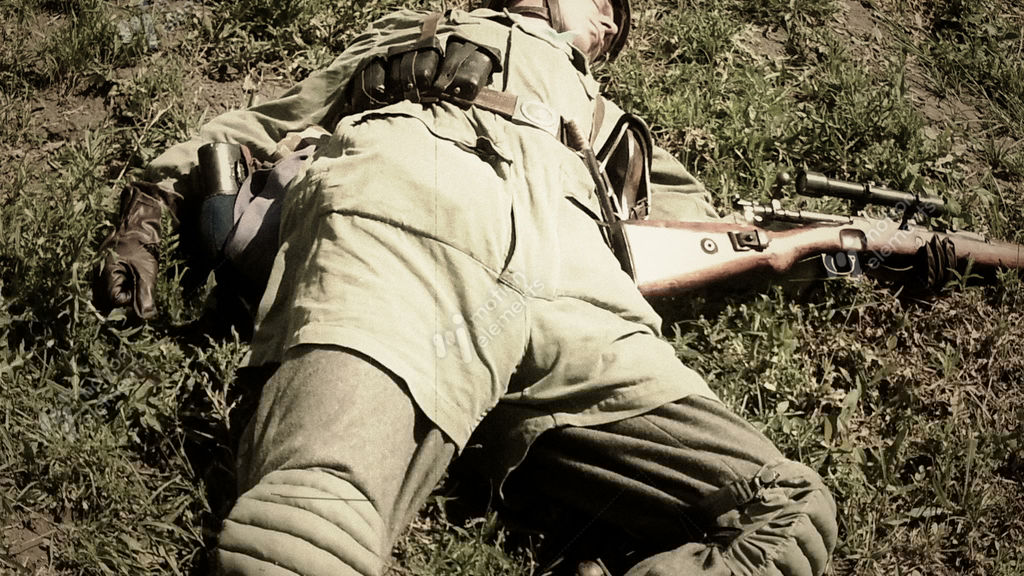 Second World War Reconstruction, Body Of Dead Soldier On Earth. Soviet ...